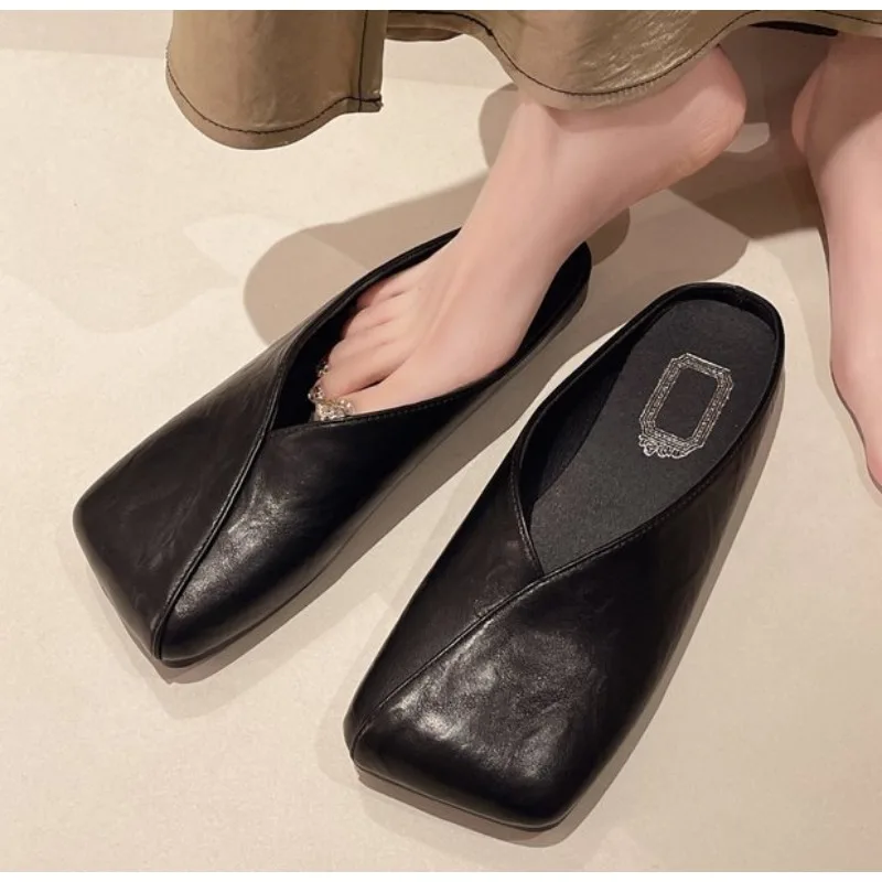 New Women Mules Summer Elegant Square Closed Toe Flat Slippers Female ...