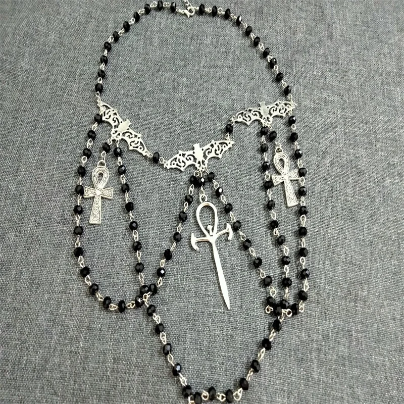 Bat Rosary Necklace Victorian Vampire Ankh Cross Choker Gothic Vampire ...