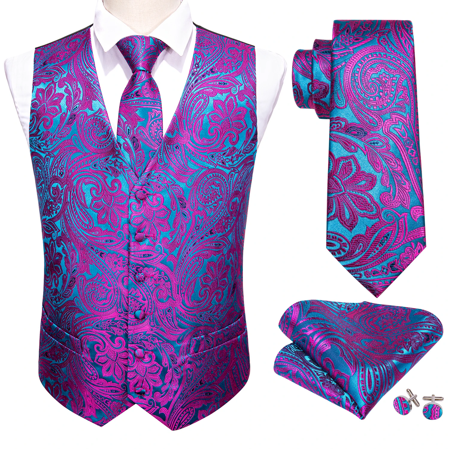 Rose-Red-Men-Wedding-Suit-Vest-Blue-Floral-Jacquard-Folral-Silk ...