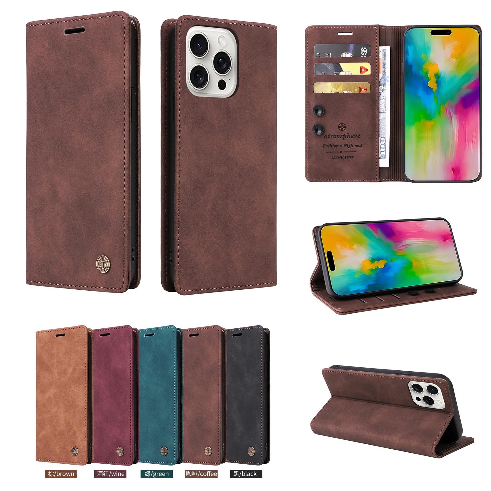 Leather Sucker Flip Phone Case For iPhone 17 16 15 14 13 12 11 Pro Max ...