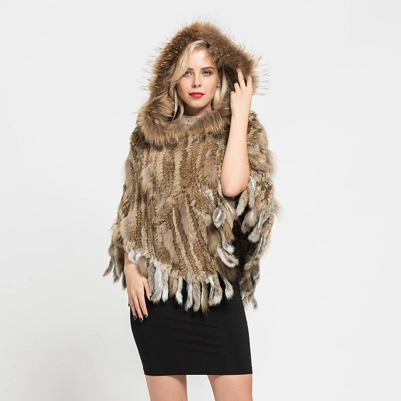 Poncho tejido de piel auténtica de conejo para mujer, capa con capucha ...