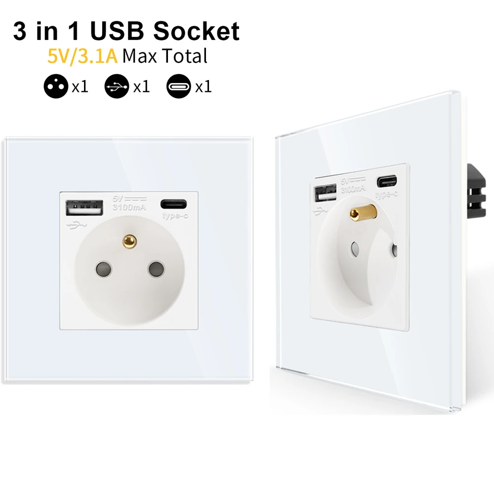 French Power socket with usb for home,Dual Usb plug 5V 3.1A glass Panel ...