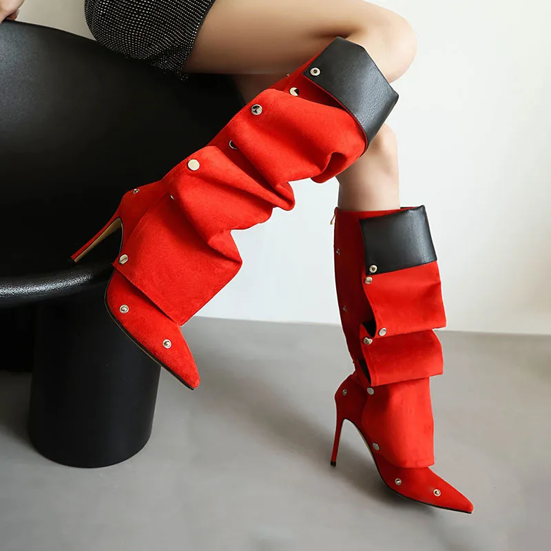 Red Studded Knee High Boots Buckle Wrinkle Booties Pointy Toe Back Zip ...