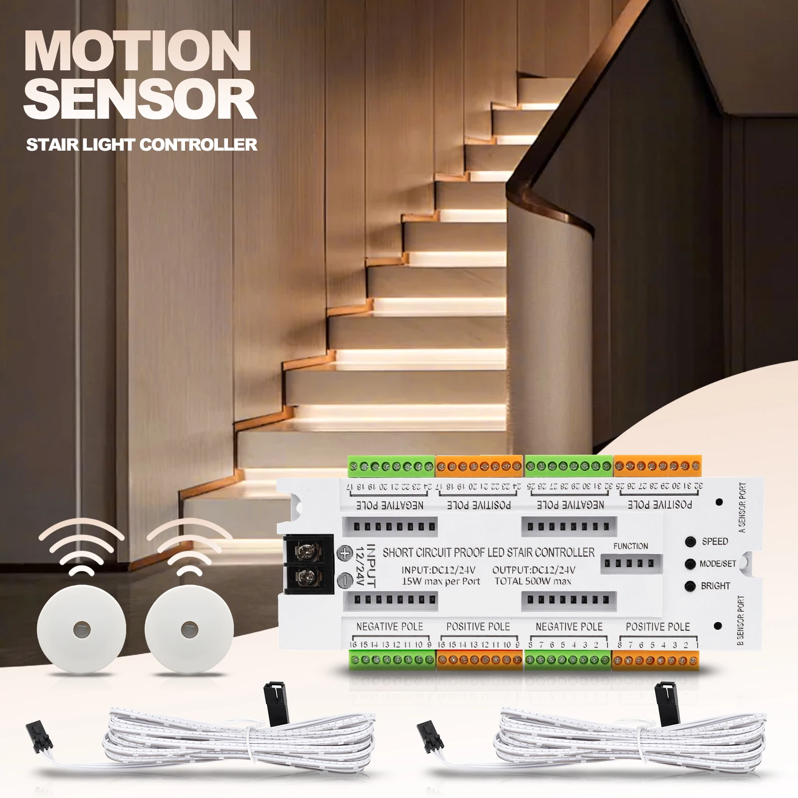 DIY 32-Step Motion Sensor Stair Lights: PIR Auto Dimming, Speed Timer ...