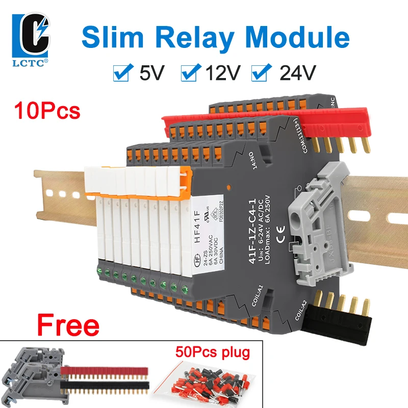 10PCS-DIN-Rail-Relay-Module-HF-41F-With-LED-6A-Slim-Relay-5V-12V-24V ...