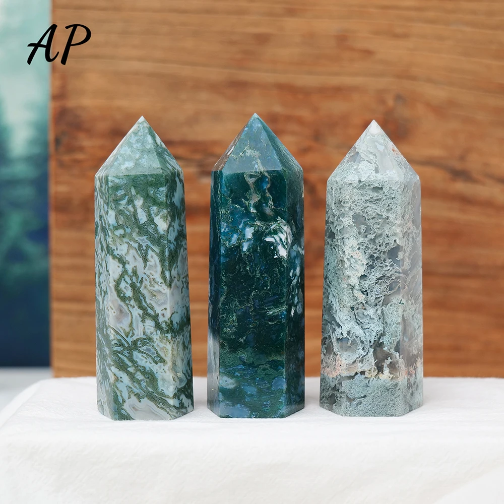 1pc Natural Crystal Moss Agate Point Column Healing Stone Green Water ...