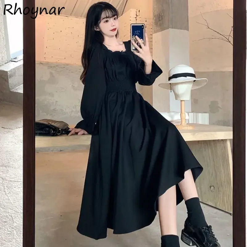 Square Collar Dresses Women Minimalist Vintage Elegant Gentle Basics ...
