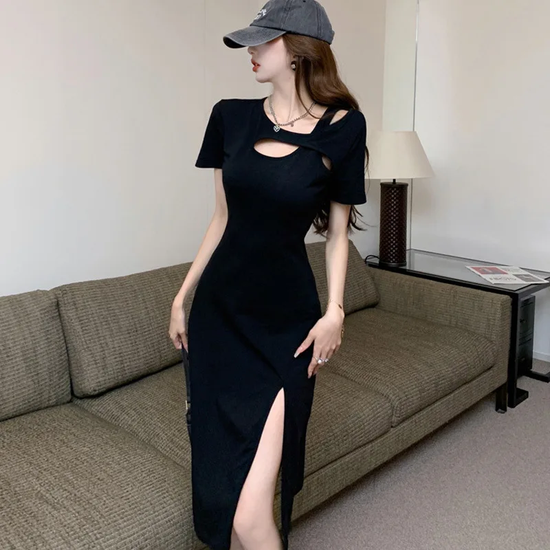 Summer-Short-sleeved-Black-Slim-Dress-Women-Hollow-Open-Fork-Waist ...