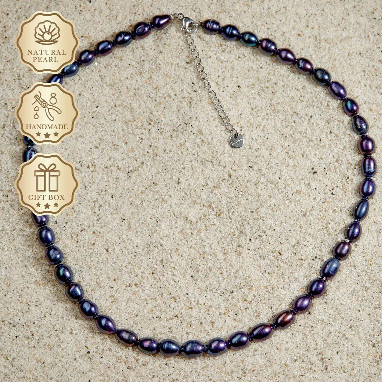 MYSOYA Black Rice Freshwater Pearl Necklace 6–7mm with Silver Extension ...