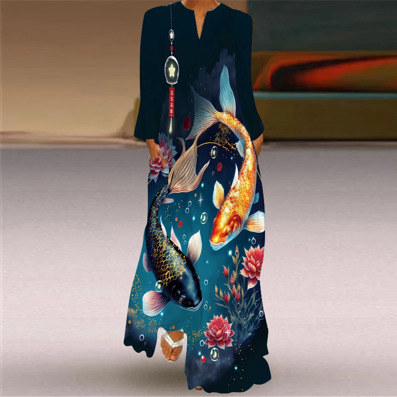 Chinese-Style-Dress-Koi-Fish-Pattern-Printed-Long-Sleeved-Long-Skirt ...