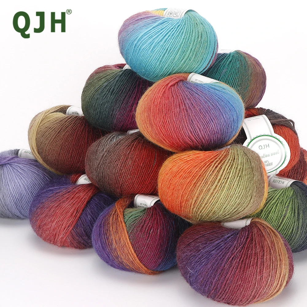 QJH 4Skeins Rainbow Soft Yarn 100% Wool Gradient Multi Color Yarn for ...
