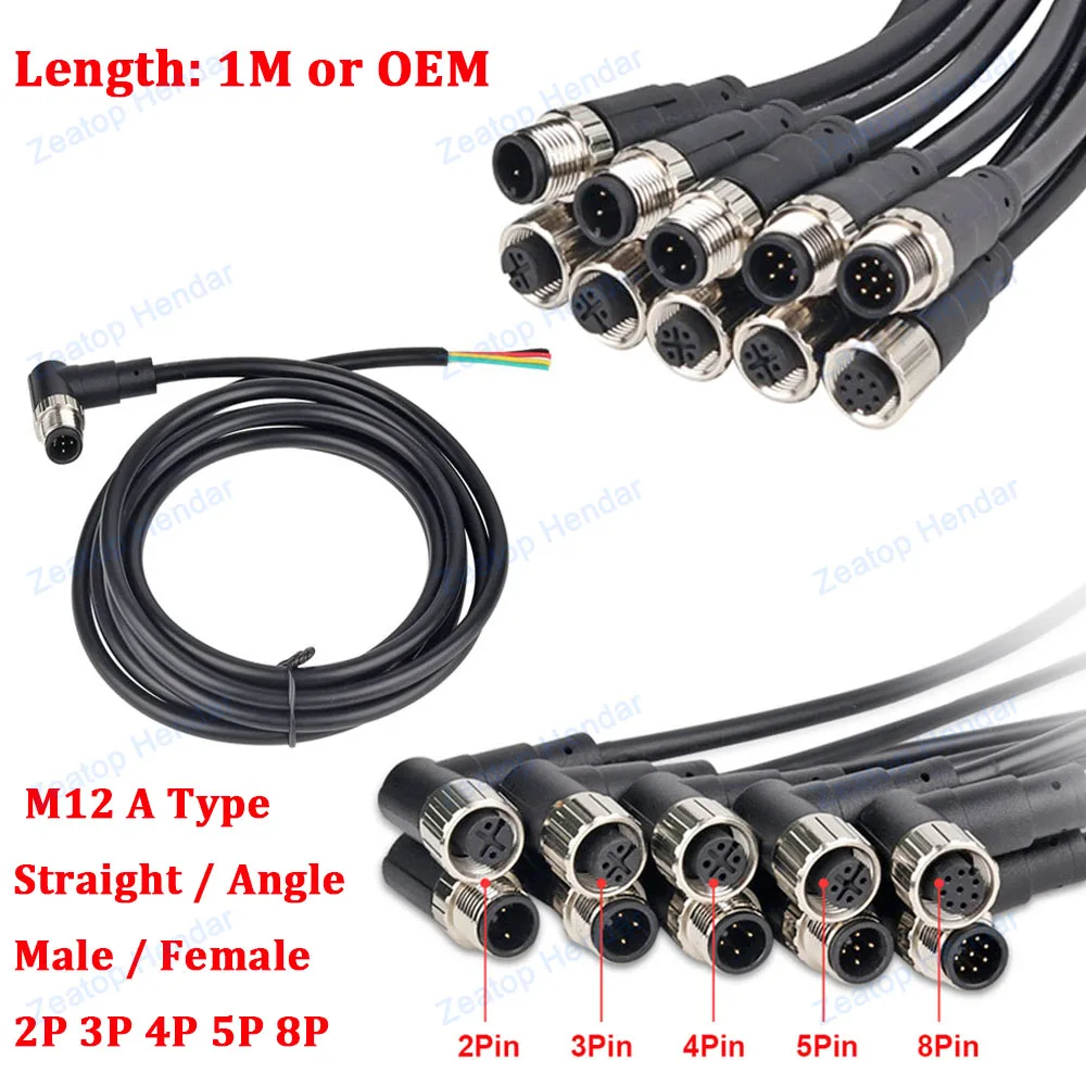 1Meter M12 A Type Sensor Wire Straight Angle 2 3 4 5 8 Pin Connector ...