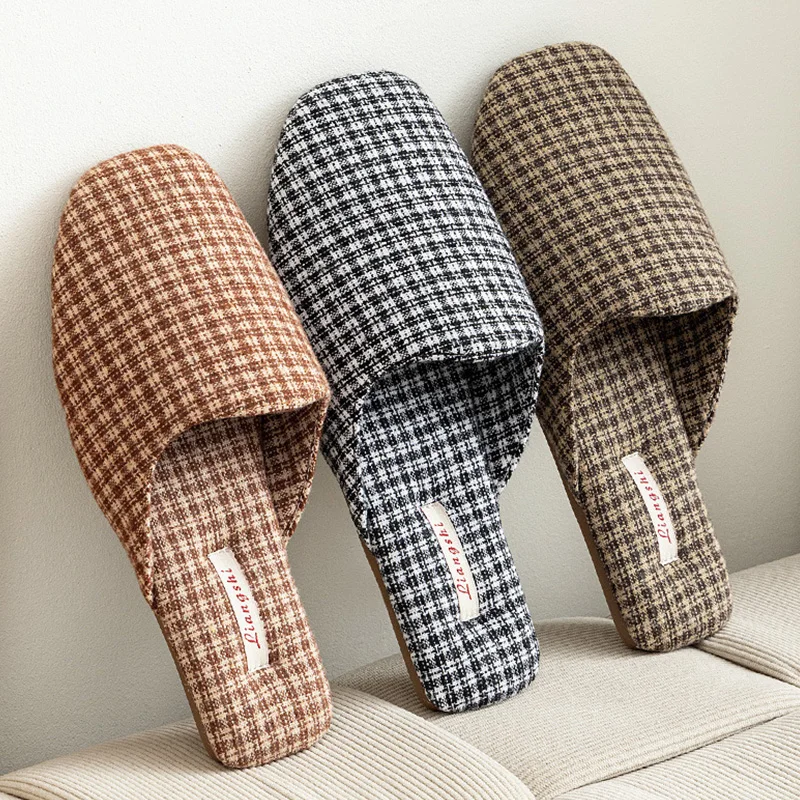 Autumn and winter indoor home shoes, classic retro plaid slippers, anti ...