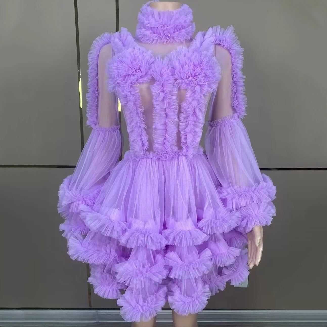 Lovely-Fluffy-Mesh-Dress-Trumpet-Sleeve-Princess-Layered-Dress-Evening ...