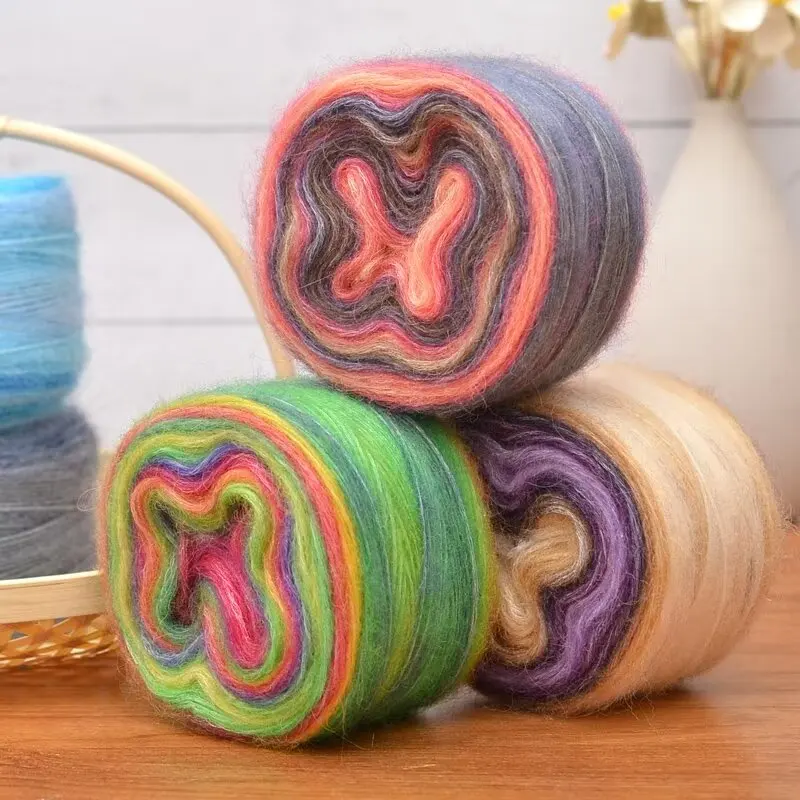 200g Gradient Long Section Dyed Rainbow Pattern Wool Mohair Cake Yarn ...
