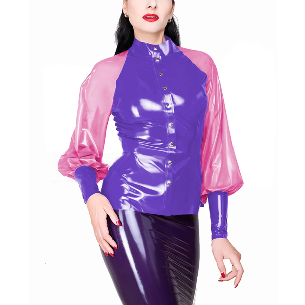Women-s-Blouse-Sexy-Clear-PVC-Long-Lantern-Sleeve-Button-Stand-Neck ...