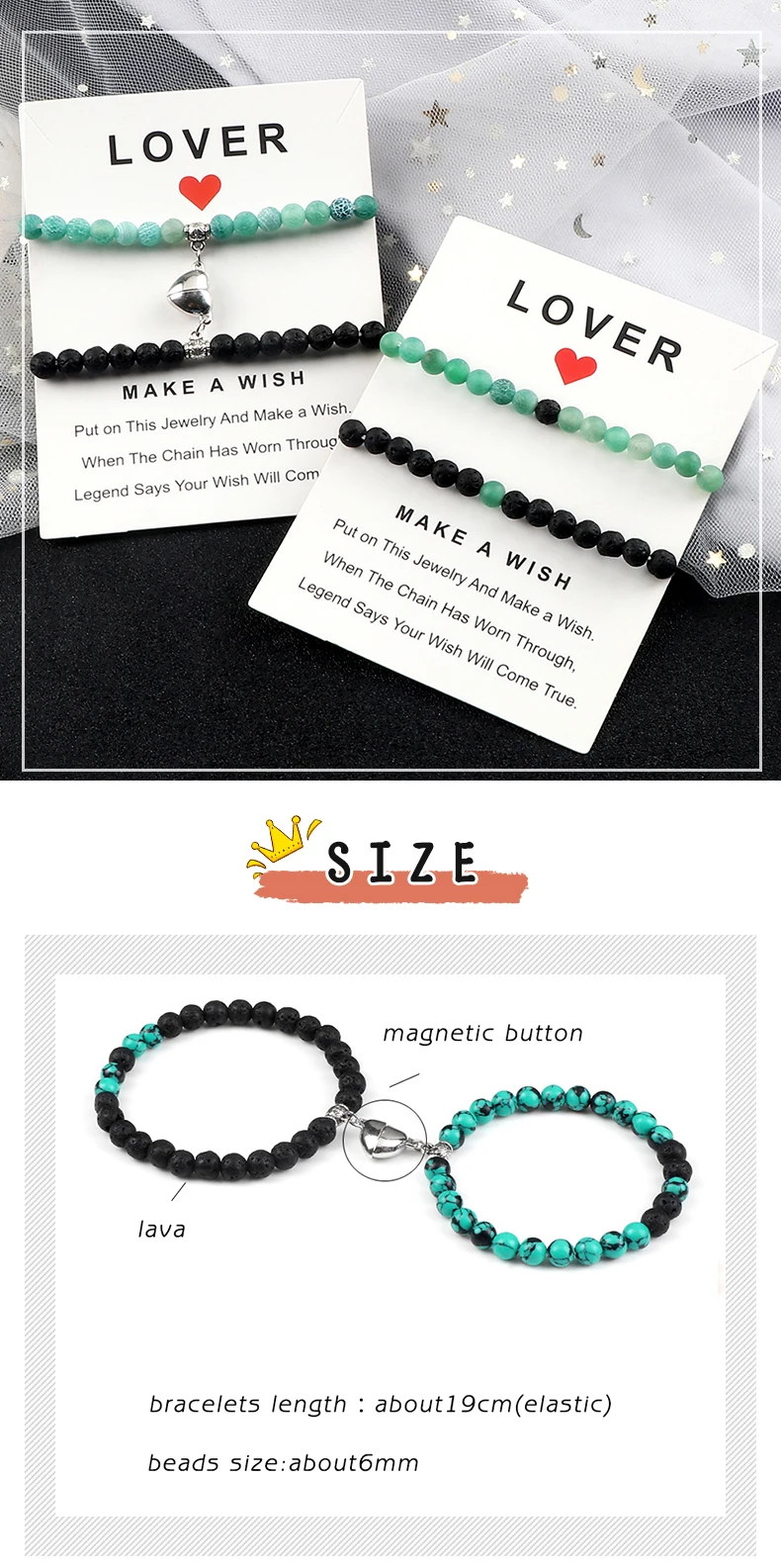 Bracelet magnétique en forme de cœur pour couple 2 piècesensemble perle ...