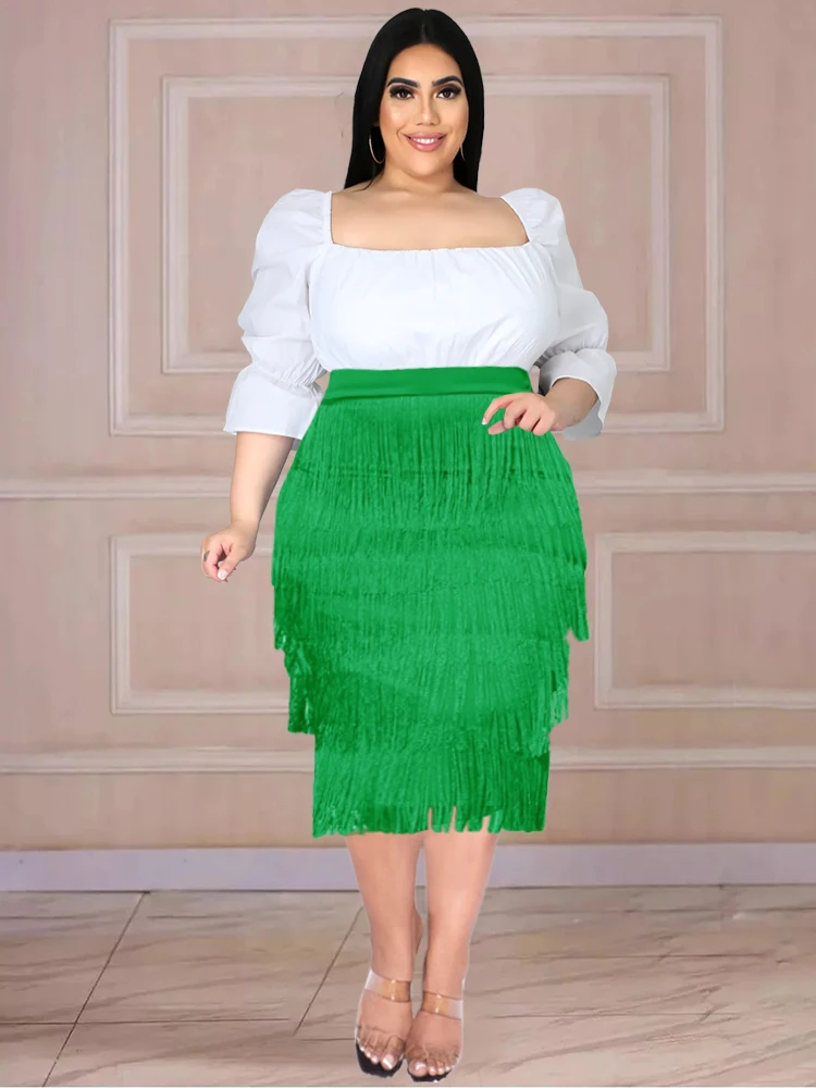 녹색 술 파티 스커트 여성용 우아한 패키지 힙 프린지 펜슬 스커트 빅 사이즈 슬림 바디콘 미디 하이 웨이스트 여름 아프리카