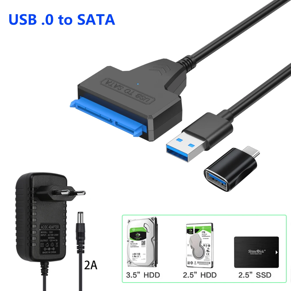 USB to SATA Hard Disk External Adapter With Power 12V 2A For 3.5 2.5 ...