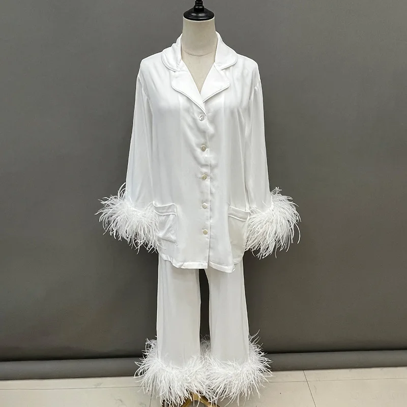 Women-Big-Feather-Pajamas-Sets-2024-Spring-Summer-Lady-Natural-Ostrich ...