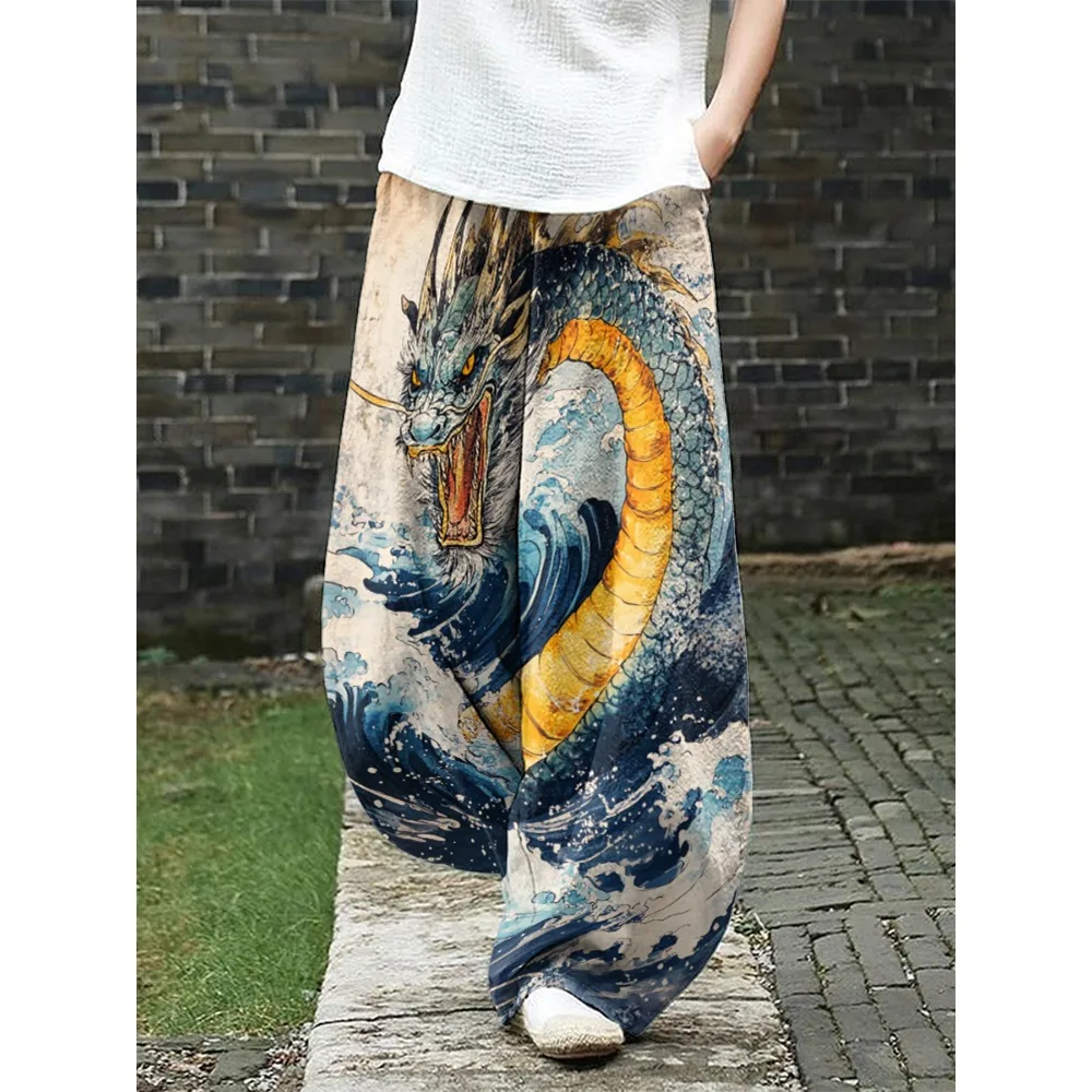 Roaring Dragon Print Wide Leg Pants Vintage Women's Classic Trousers ...