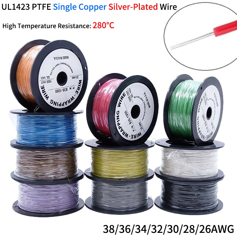 PTFE 실버 도금 구리 와이어, 마이크로 파인 UL1423 고온 전자 DIY 단일 코어 케이블, 2M, 20M, 38, 36 ...