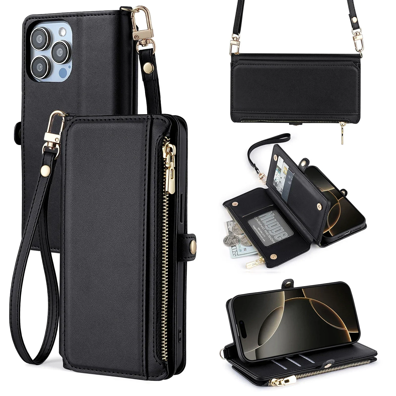 Premium Flip Durability PU Leather Phone Case with Zipper Wallet and ...