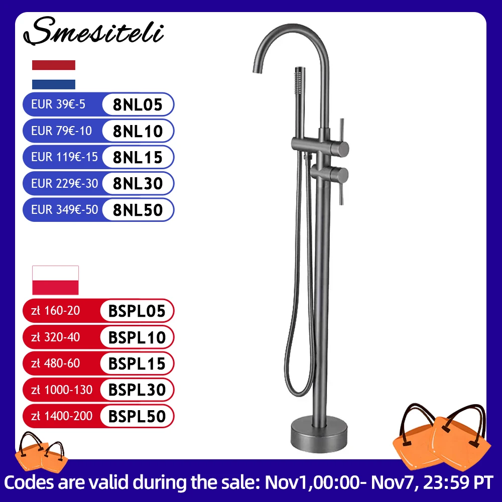 Gunmetal-Freestanding-Bathtub-Faucet-Set-Floor-Mounted-Mixer-Hot-Cold ...