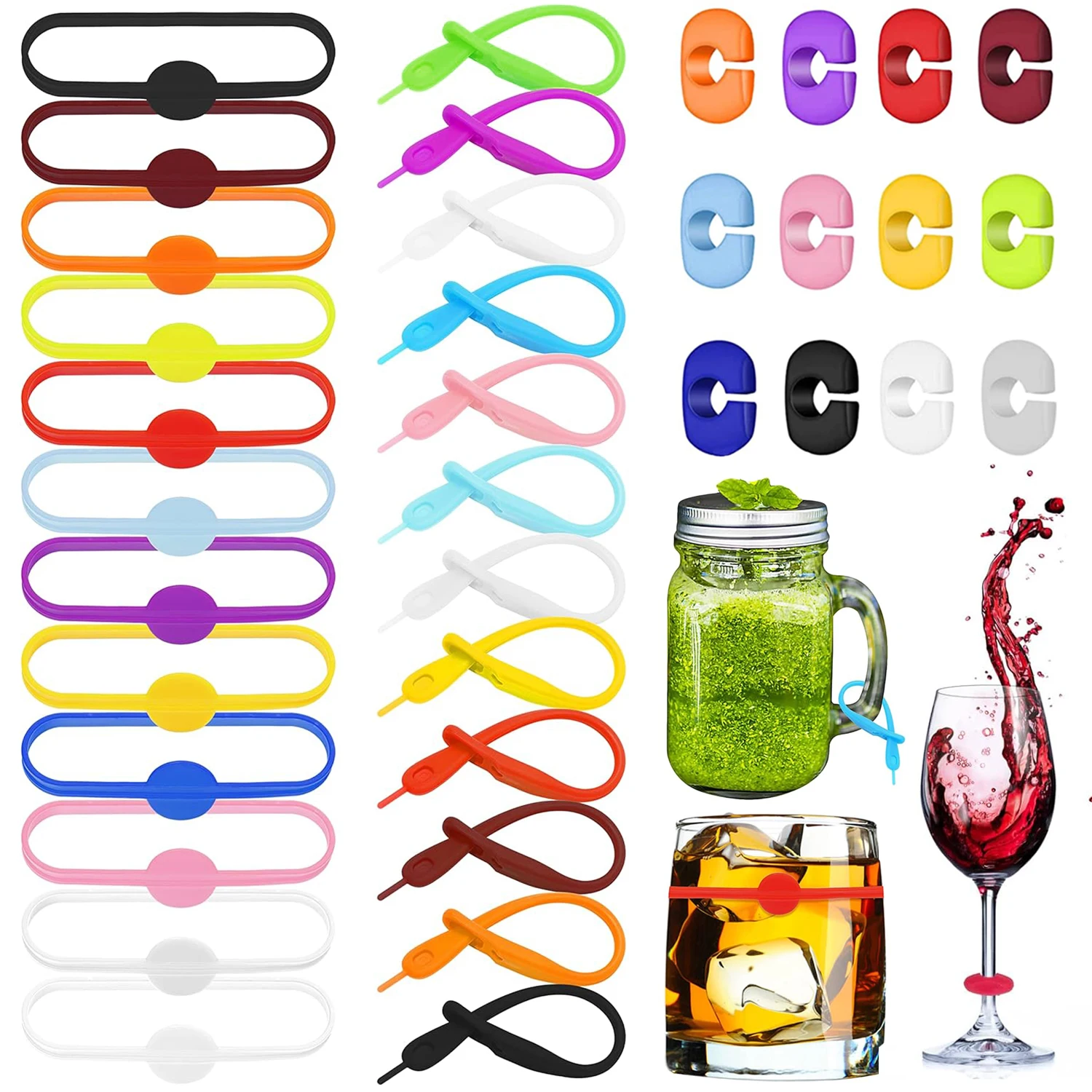 36Pcs-Reusable-Silicone-Wine-Glass-Charms-Drink-Marker-Bands-Bottle ...