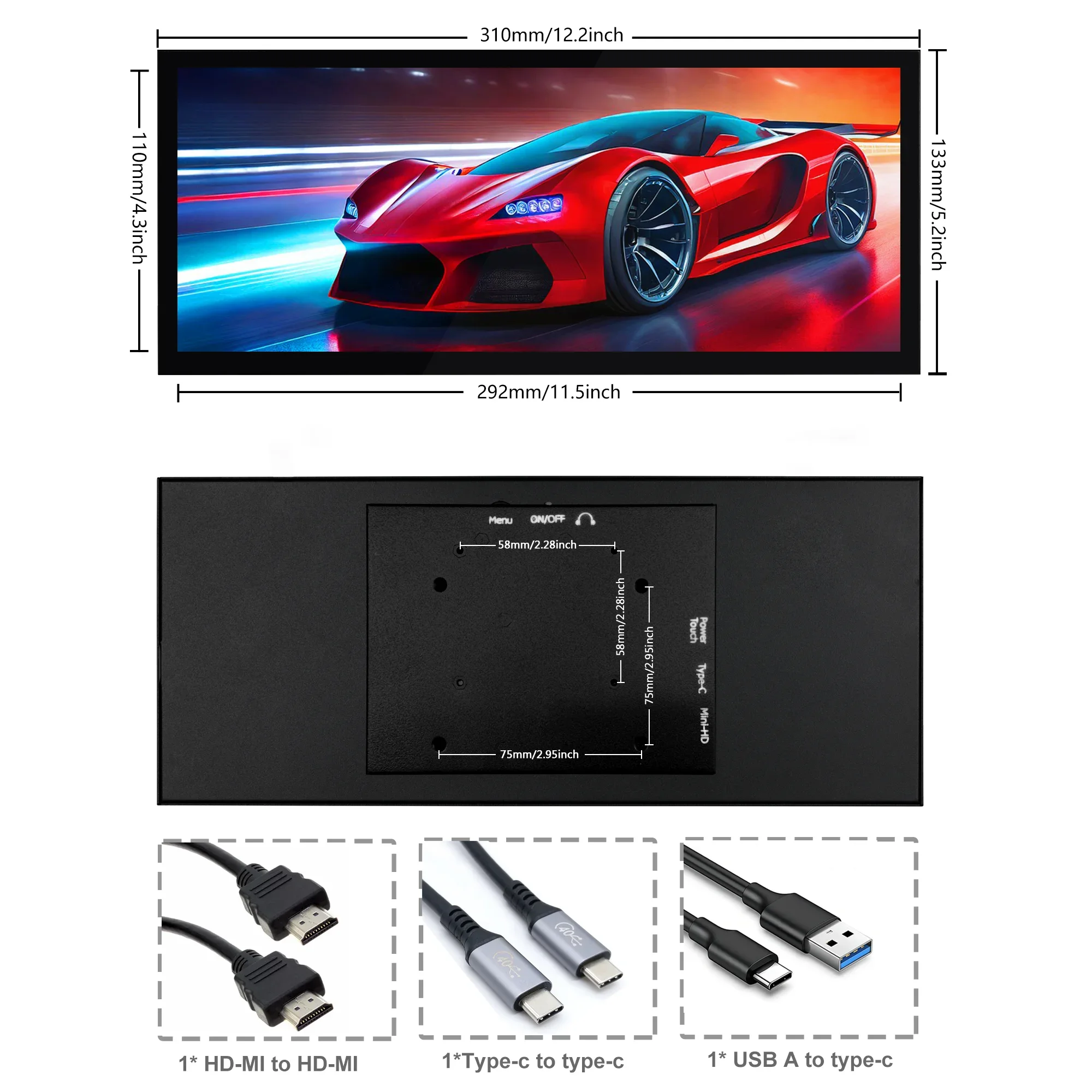 12,3-дюймовый портативный монитор HDMI USB-C 1920x720 с растянутой ...