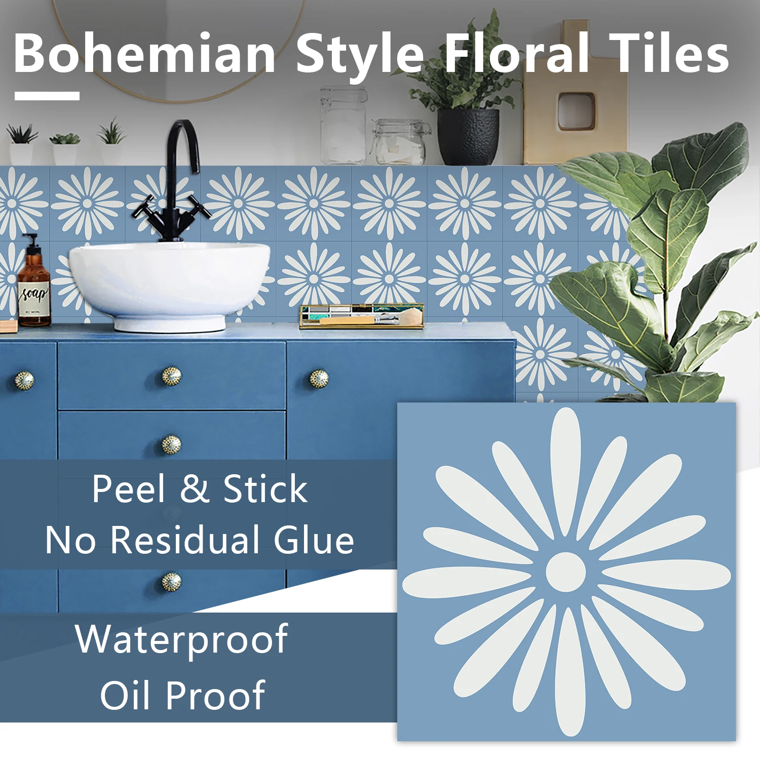 10pcs Blue & White Daisy Tiles Sticker Kitchen Backsplash Oil-proof ...