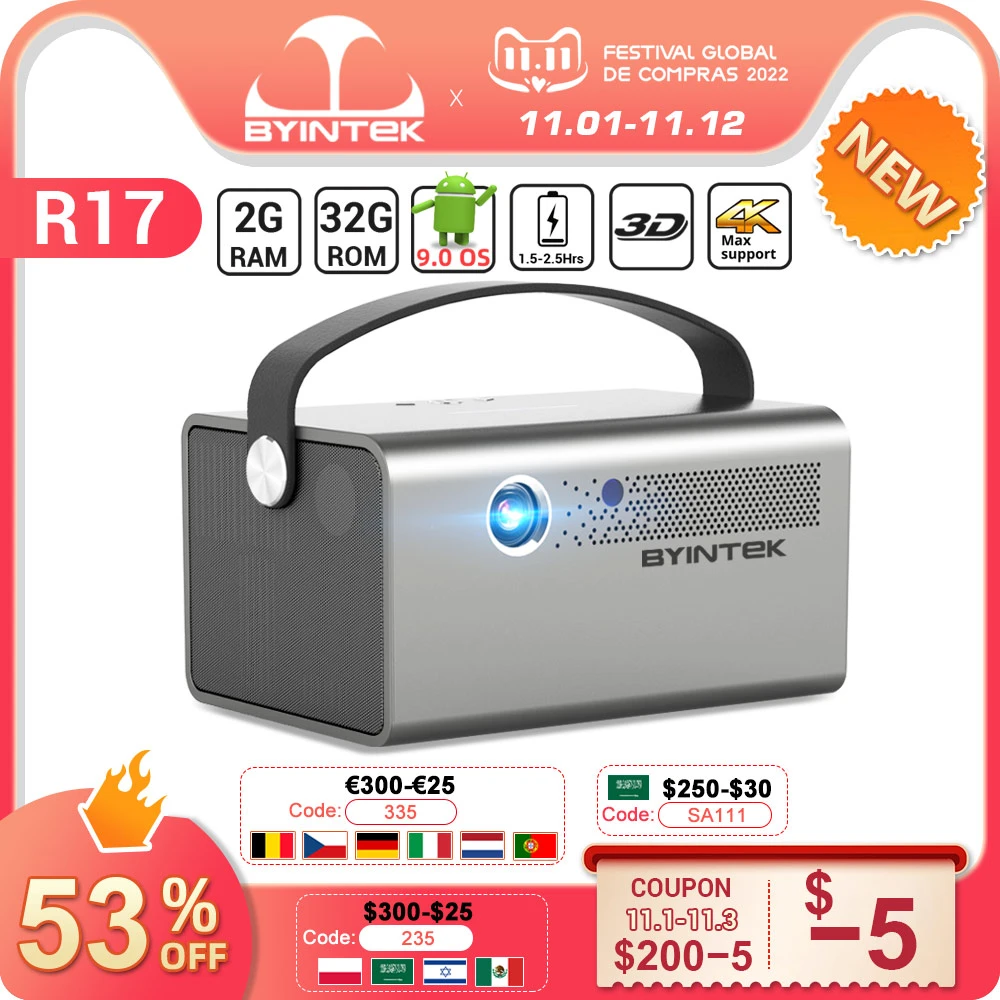 BYINTEK R17 Smart Android WIFI Portable Video LED DLP lAsEr Full HD ...