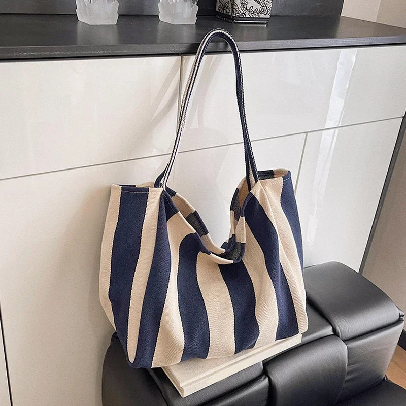 Bolso de mano de lona a rayas de estilo coreano de gran capacidad ...