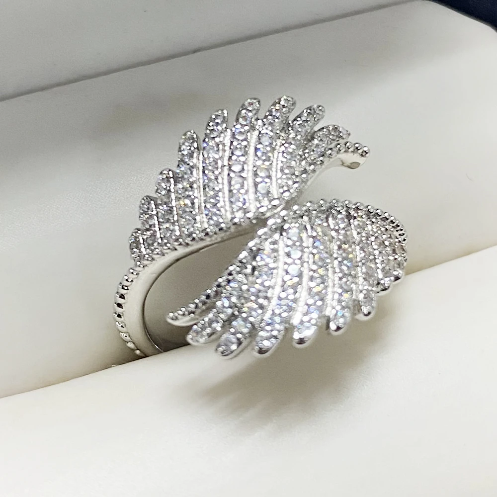 Feather Ring Silver Stone | Silver Feather Ring Zircon | Feather Cubic ...