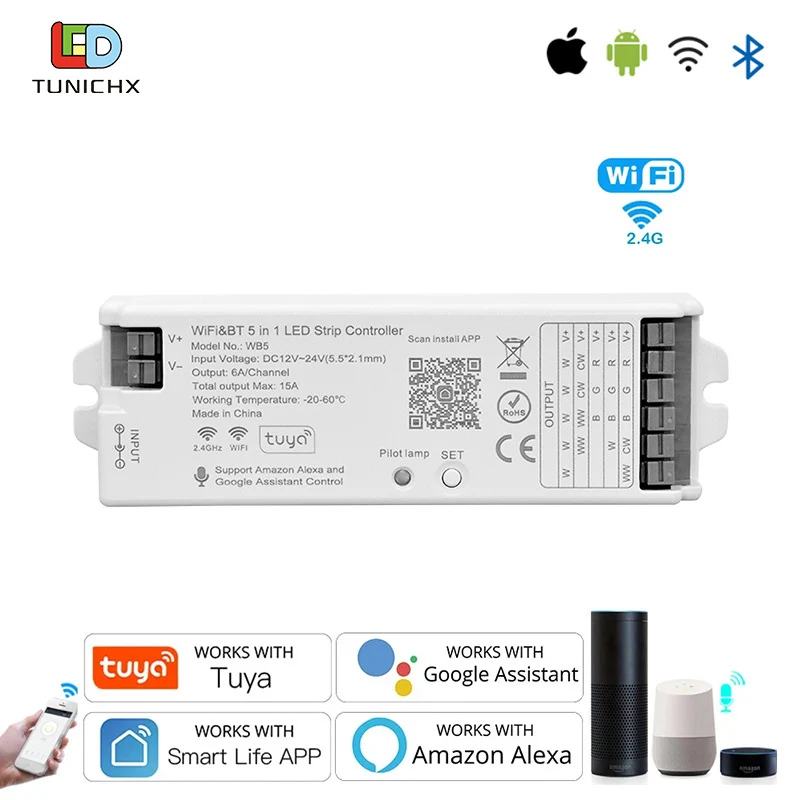 WiFi 5 in 1 LED Controller Tuya Alexa Google Home Voice Control RGB ...