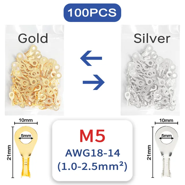 100PCS Ring Cable Lugs Crimp Terminals Gold Brass/Silver M3 M4 M5 M6 M8 ...