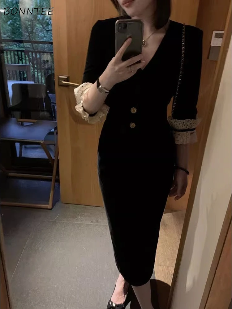 Black Midi Dress Women Velvet Autumn Winter V-neck Elegant Partywear ...