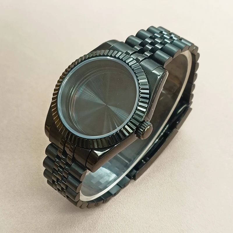 39mm-Black-Silver-Watch-Case-and-Strap-Sapphire-Crystal-Glass-Fit-for ...