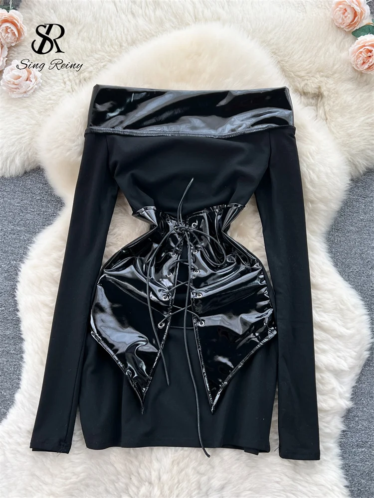 SINGREINY-Robe-mi-longue-sexy-en-PU-pour-femme-col-slash-manches ...