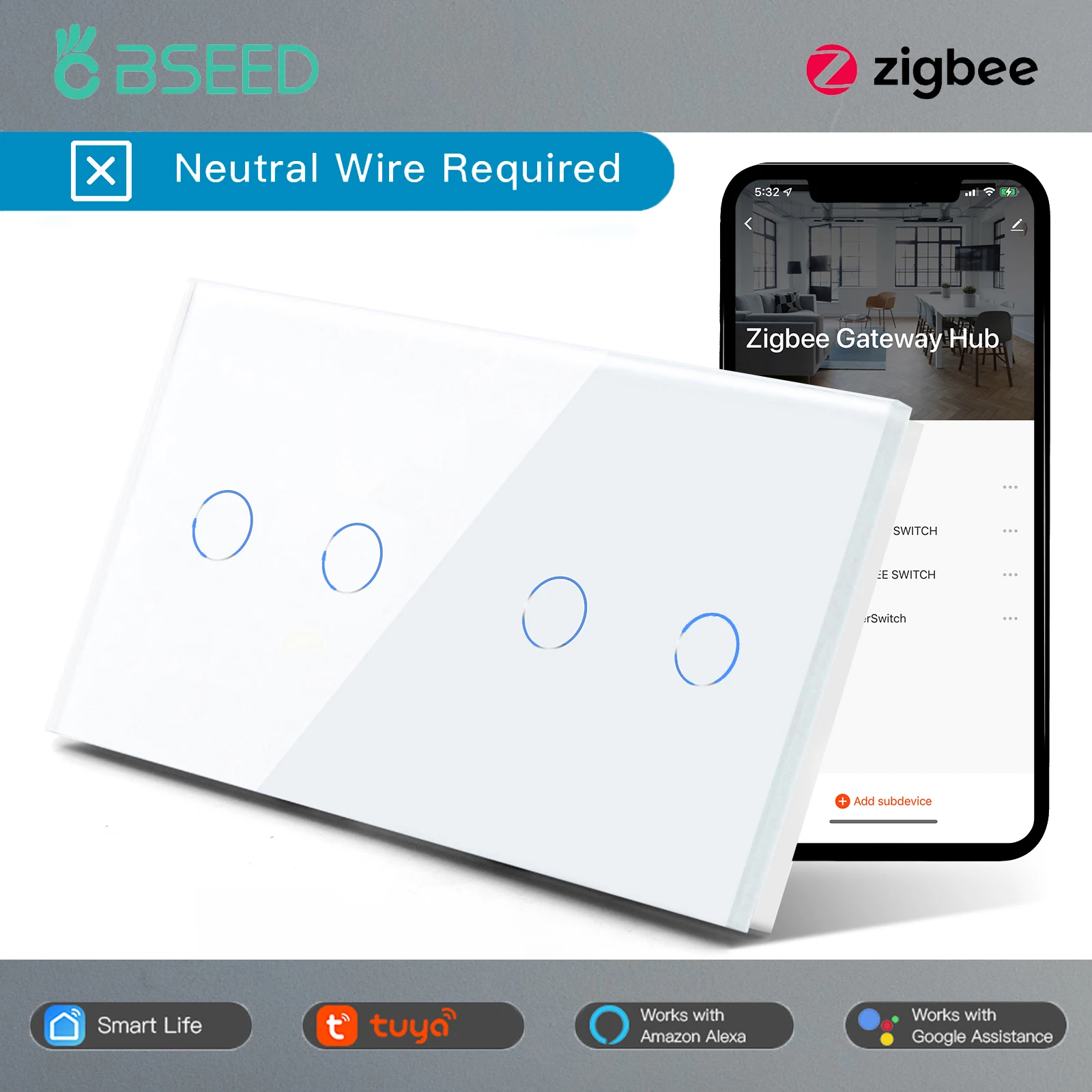 BSEED Zigbee Light Switches Double Smart Switch Touch Sensor Switch No ...