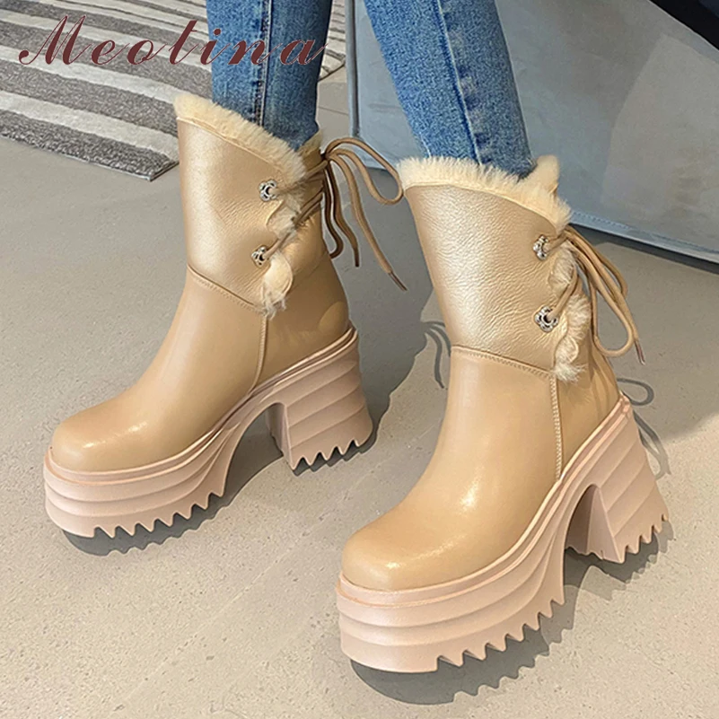 Meotina-Women-Genuine-Leather-Ankle-Boots-Round-Toe-Platform-Thick-High ...