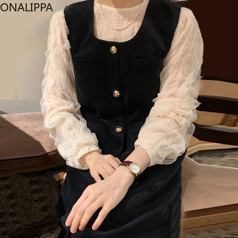 Onalippa 여성 봄 가을 프랑스어 부드러운 기질 O 목 마이크로 쉬어 레이스 셔츠 모든 일치 벨벳 조끼 검은 드레스 여성