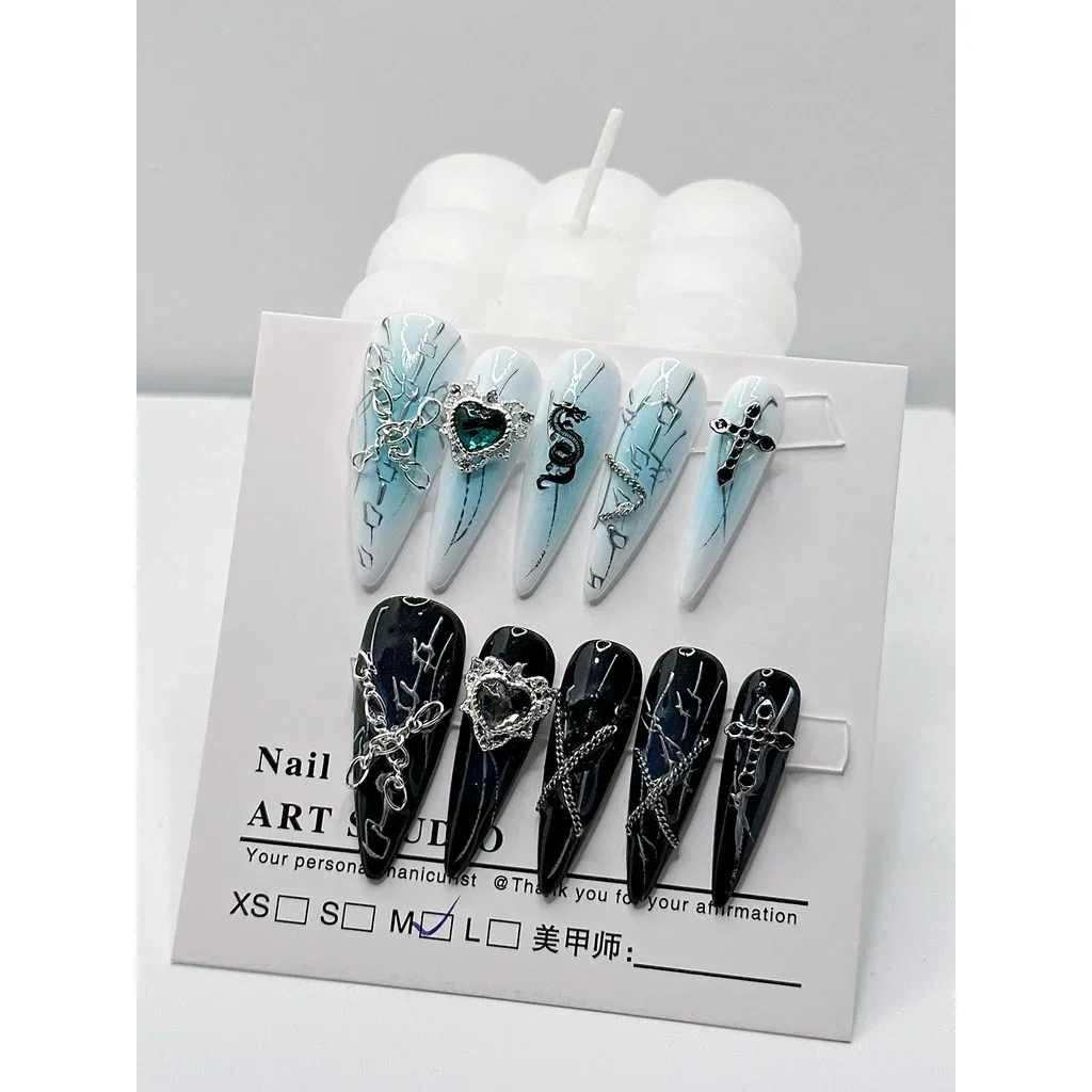 Y2K Handmade Nail Blue Black Love Chain Nail Elements Cool Droplet Type ...