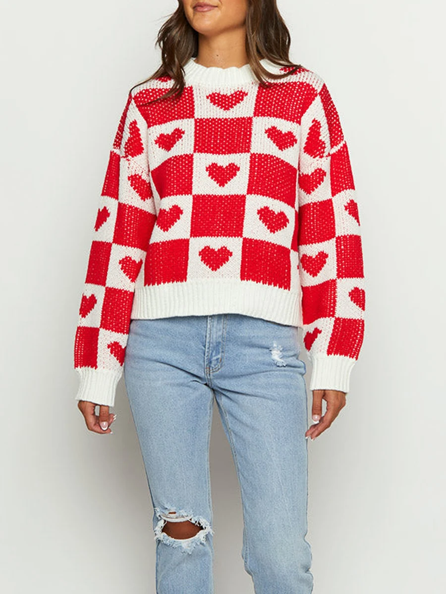 Women s Checker Heart Print Sweaters Long Sleeve Round Neck Loose ...
