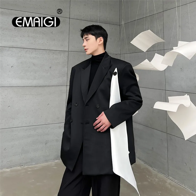 남성용 분리형 흰색 리본 정장 코트 스페이스 코튼 루즈 캐주얼 스트리트웨어 패션 쇼 블레이저 정장 재킷 남성 무대 의류