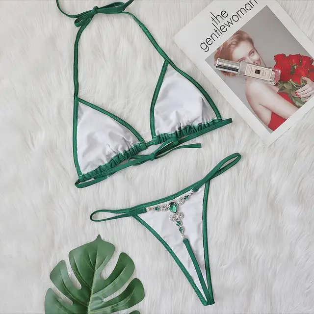 Swimsuit Women New Blue Crystal Diamond String Halter Neck Triangle Bag Sexy Thong Bikinis Set ...