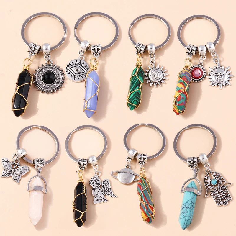 Natural-Ethnic-Gemstone-Keychain-Quartz-Opal-Crystal-Keyrings-Sun-Moon ...