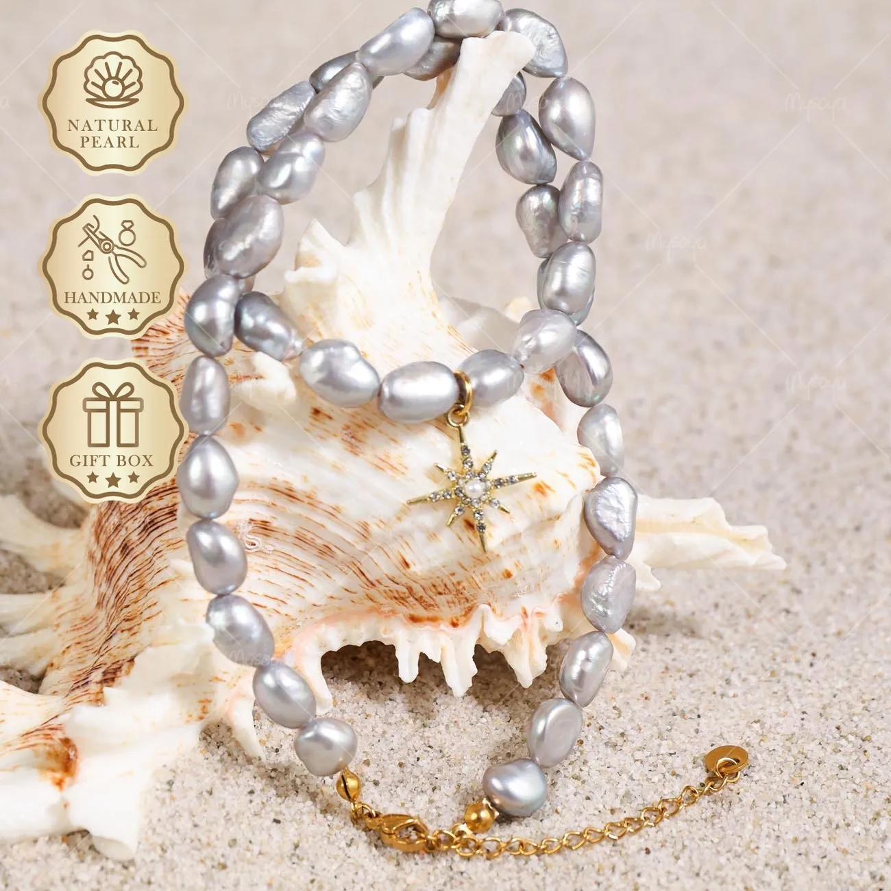 Mysoya Gray Baroque Freshwater Pearl Necklace 6-7mm Golden Eight-Point ...