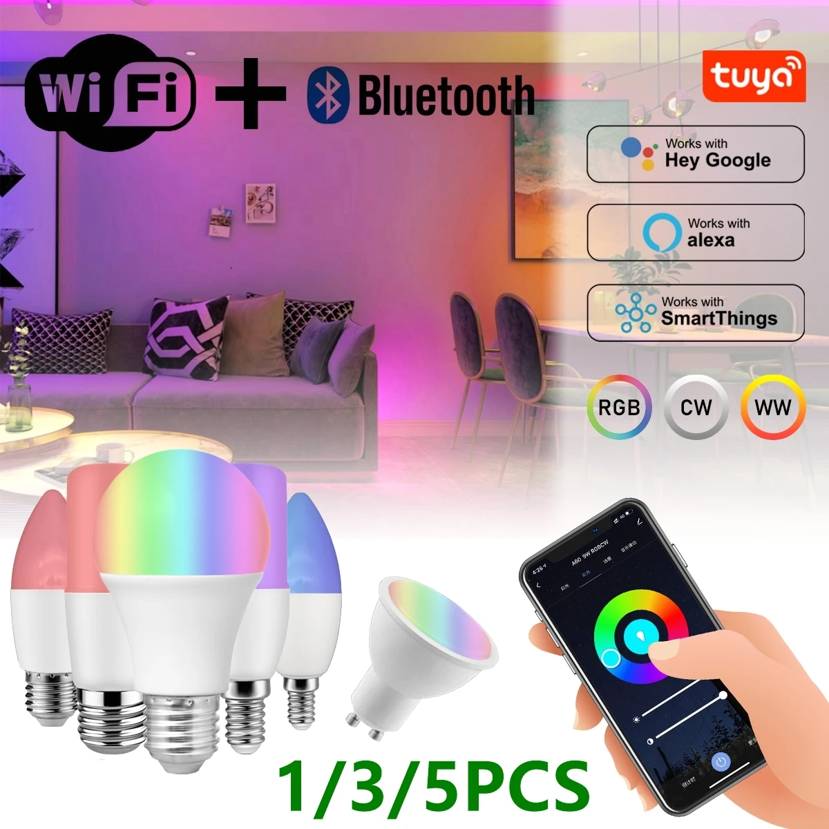 1-5PCS Voice Control WIFI Smart Light Bulb RGBCW Dimmable GU10 C37 A60 ...