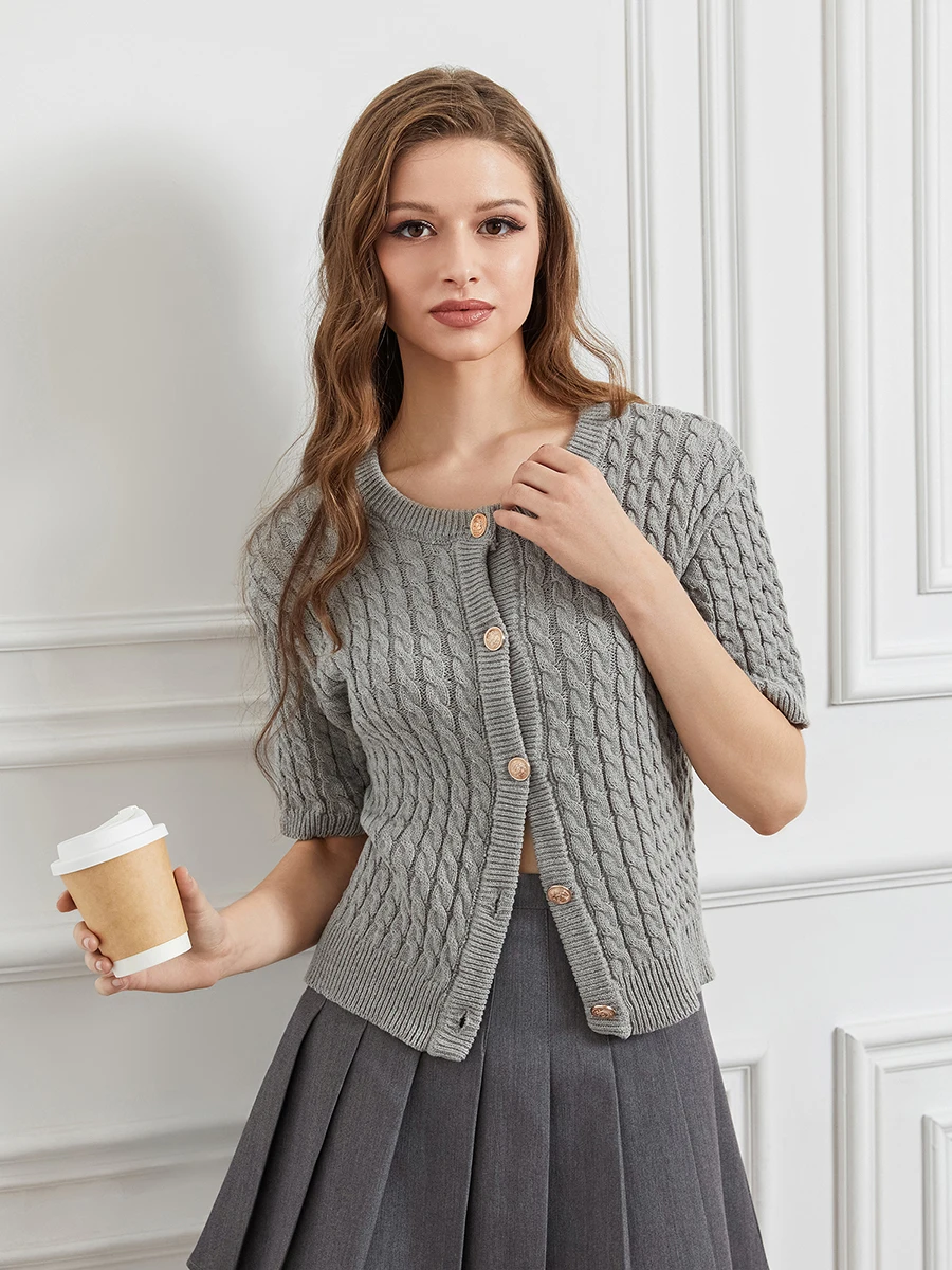 Women's Cable Knit Cardigan Tops Solid Color Round Neck Short Sleeve ...